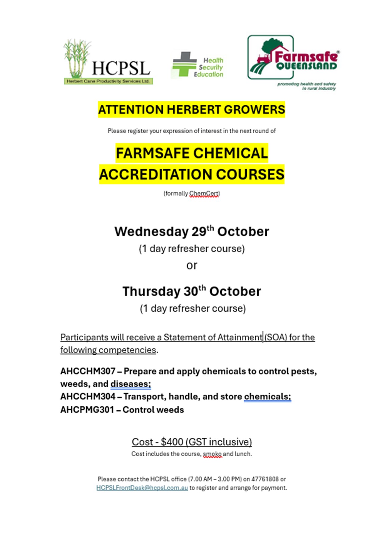 FARMSAFE Chemical (formally ChemCert) Course on offer! | HCPSL