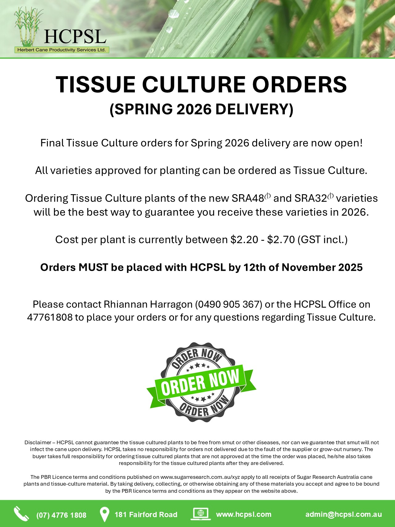TISSUE CULTURE ORDERS – (Spring 2026 Delivery) | HCPSL